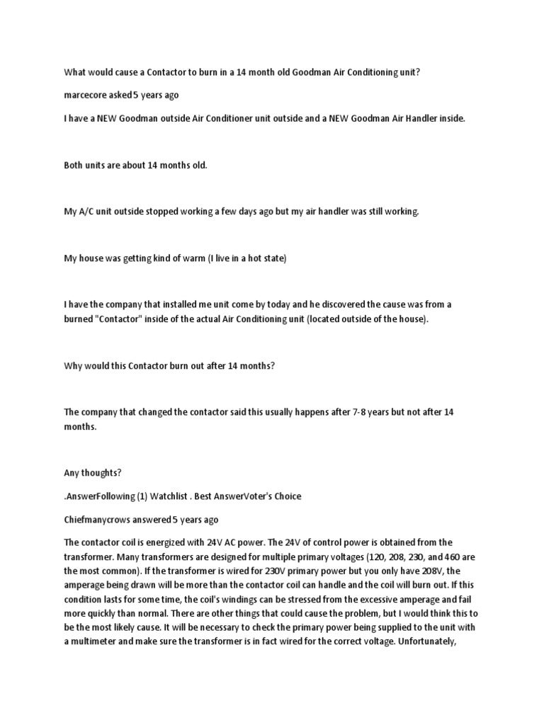 What Would Cause A Contactor To Burn in A 14 Month Old Goodman Air ...