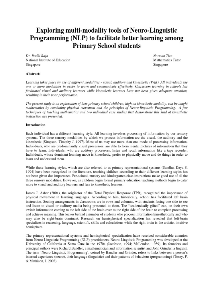 Exploring Multi-Modality Tools of Neuro-Linguistic Programming (NLP ...