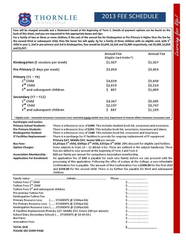 Family Fee Schedule 2013 | PDF | Payments | Financial Technology