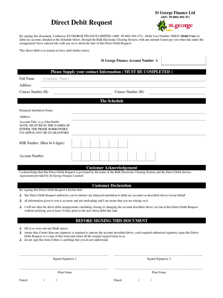 St George Direct Debit Request Form | PDF | Business | Law