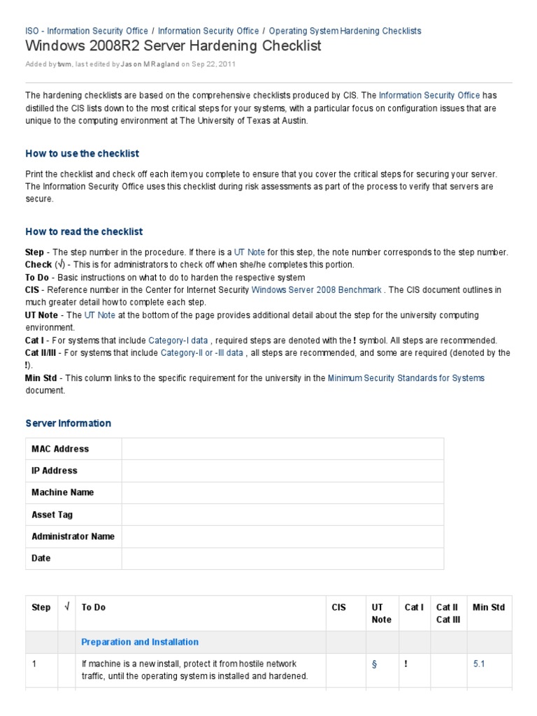 Windows 2008R2 Server Hardening Checklist | PDF | Spyware | Windows ... Windows 2008R2 Server Hardening Checklist | PDF | Spyware | Windows ...