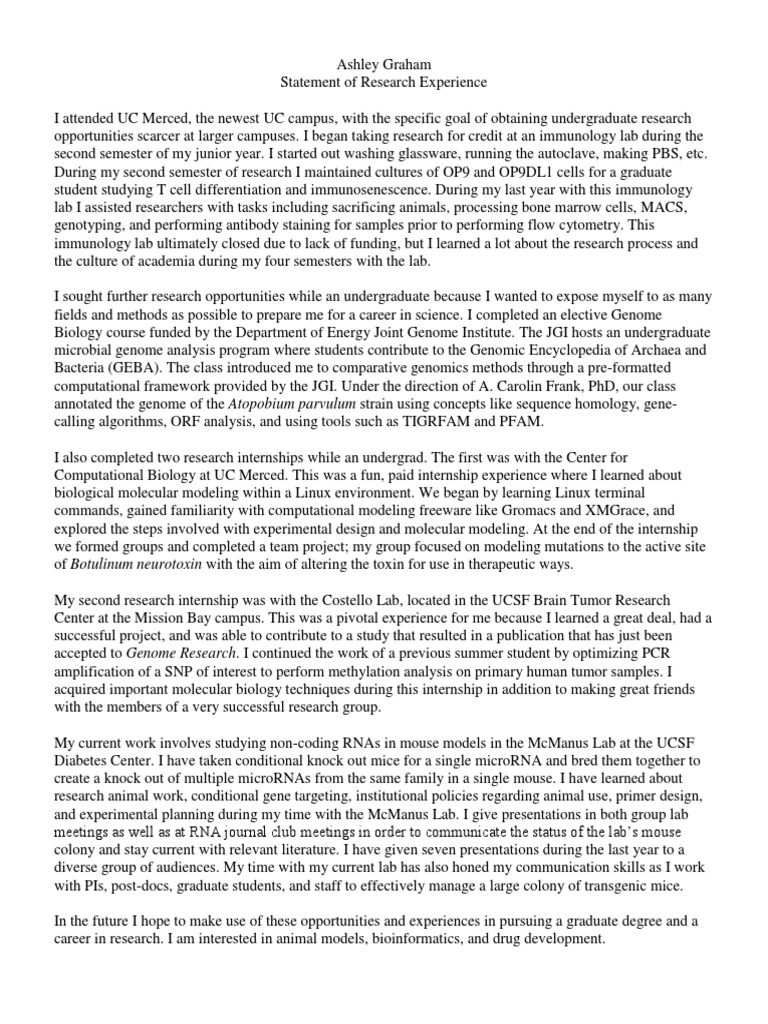 Statement of Research Experience | PDF | Micro Rna | Genomics