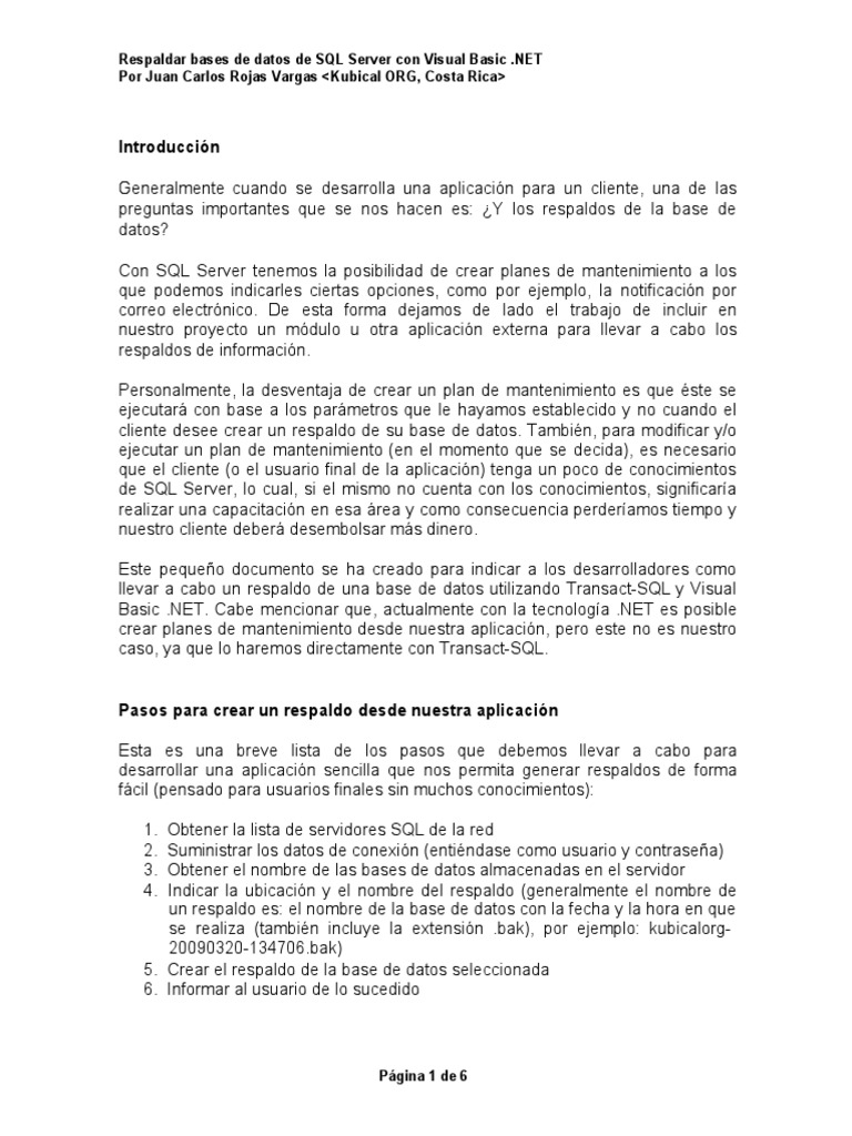 Respaldar Bases de Datos de SQL Server Con Visual Basic NET | PDF | Servidor SQL de Microsoft ...