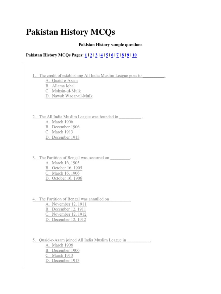 Pakistan History MCQs | PDF | All India Muslim League | Muhammad Ali Jinnah