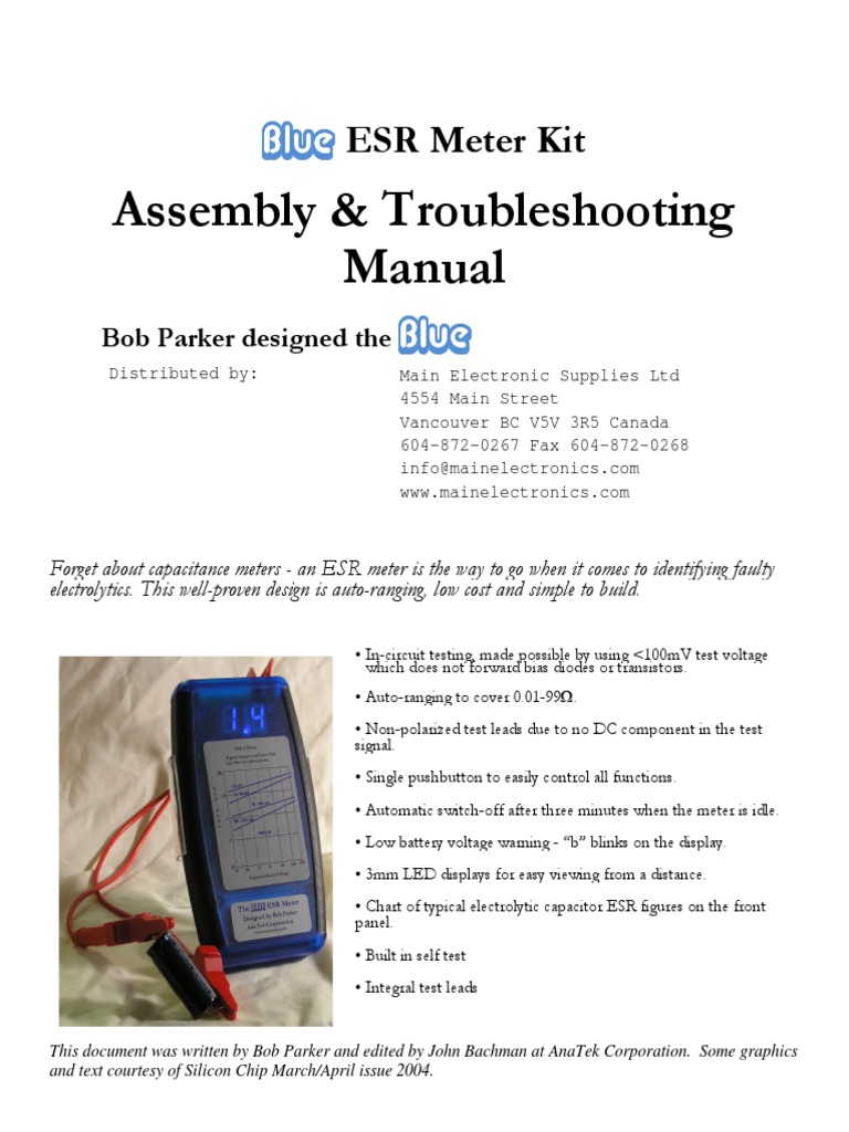 Blue ESR Meter Assembly Manual | PDF | Printed Circuit Board | Capacitor