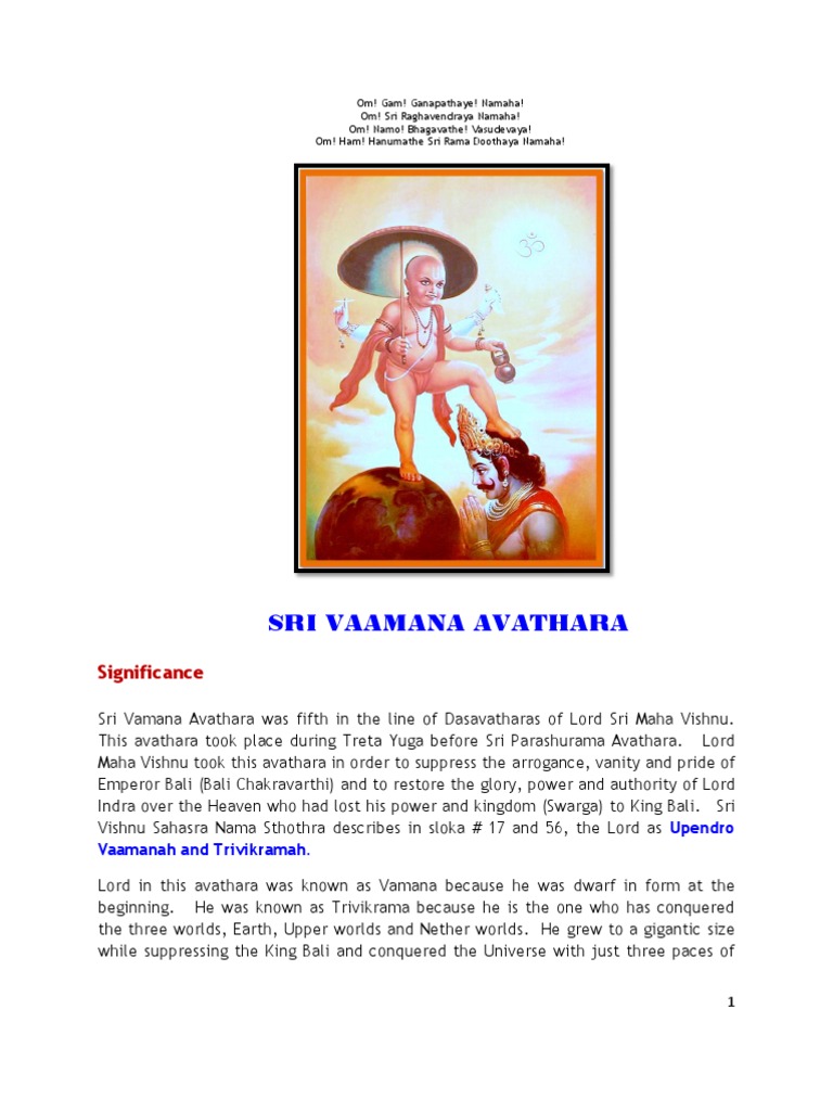 Vamana Avatar and King Bali's Story | PDF | Hindu Mythology | Vaishnavism
