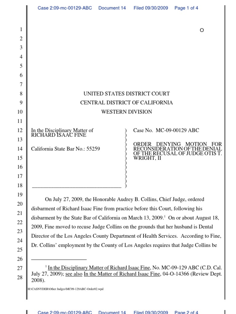 USDC Disbarment - DKT 14 - Order Denying Motion For Reconsideration Re ...