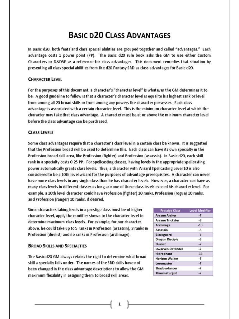 Basic d20 Class Advantages Guide | PDF | Tsr (Company) Games | Gary ...