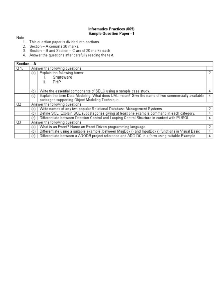 I. Shareware Ii. PHP: Informatics Practices (065) Sample Question Paper - 1 | PDF | Information ...