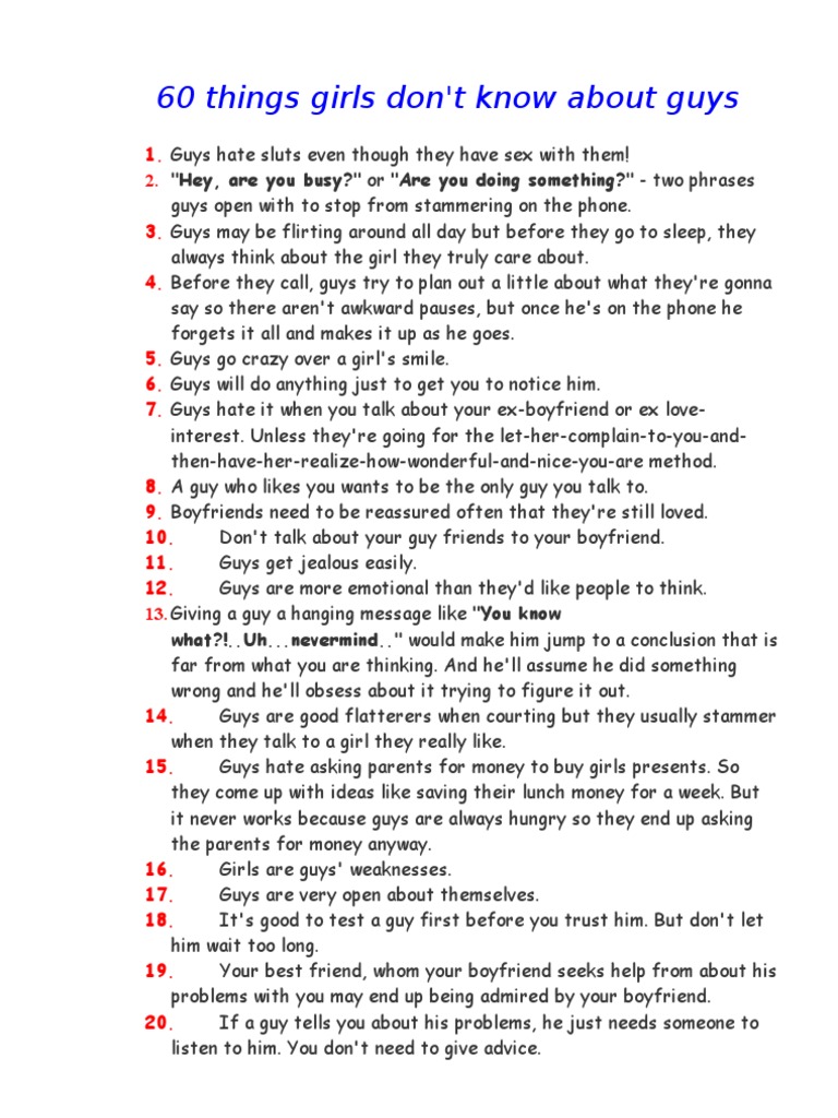 60 Things Girls Don't Know About Guys | PDF