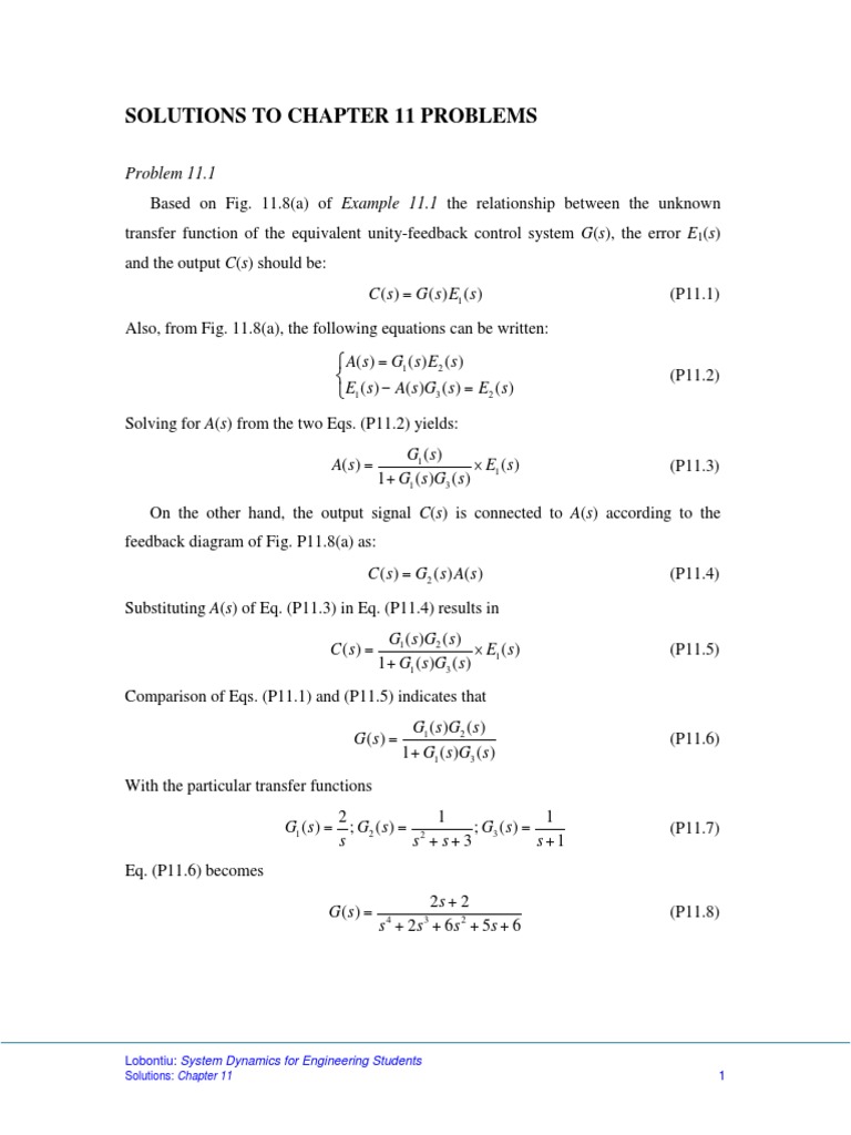 Solutions To Chapter 11 Problems: Problem 11.1 | PDF | Control Theory | Zero Of A Function