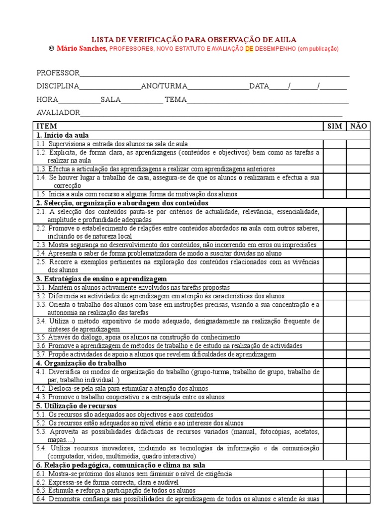 LISTA DE VERIFICAÇÃO PARA OBSERVAÇÃO DE AULA | Teoria da Educação ...