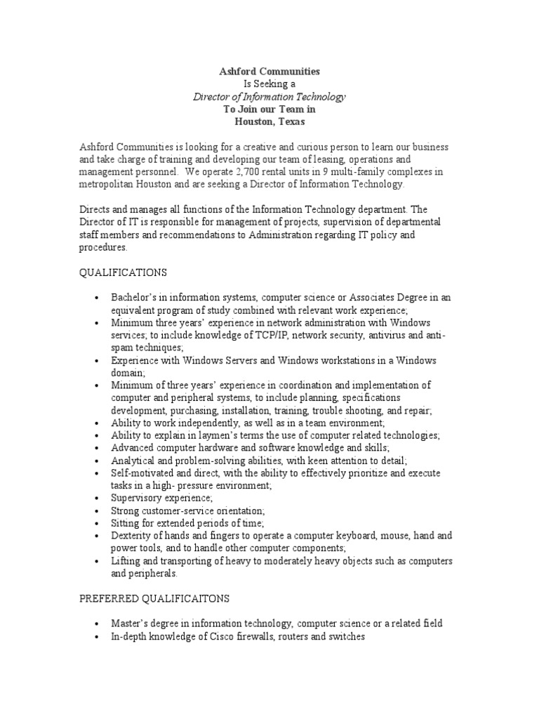 It Director Job Description | PDF | Computer Network | Microsoft Windows