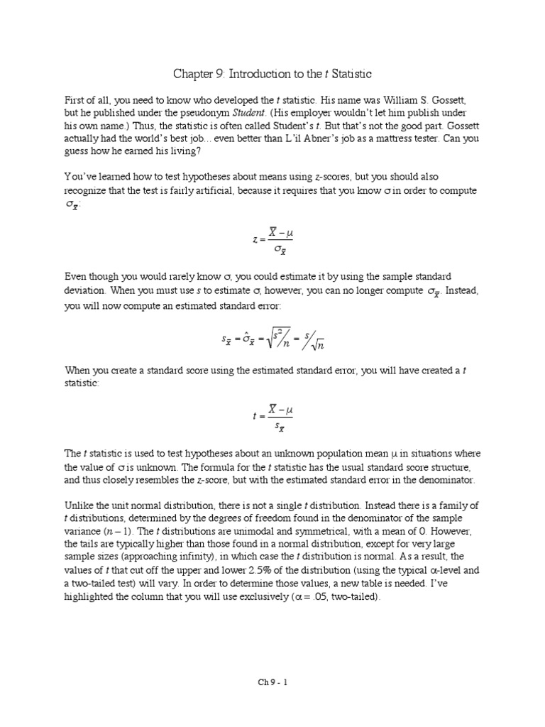 Chapter 9: Introduction To The T Statistic | PDF | Standard Error | Effect Size