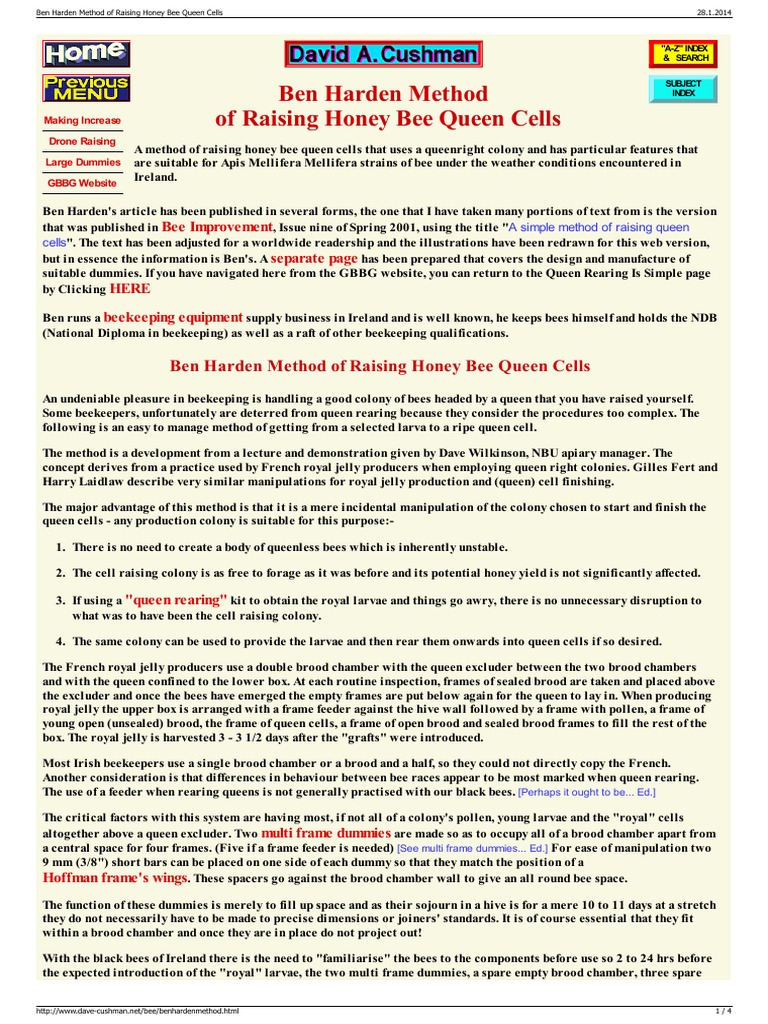 Ben Harden Method of Raising Honey Bee Queen Cells | PDF | Honey Bee ...