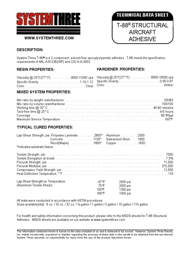 T-88 Structural Aircraft Adhesive: Technical Data Sheet | PDF | Epoxy ...