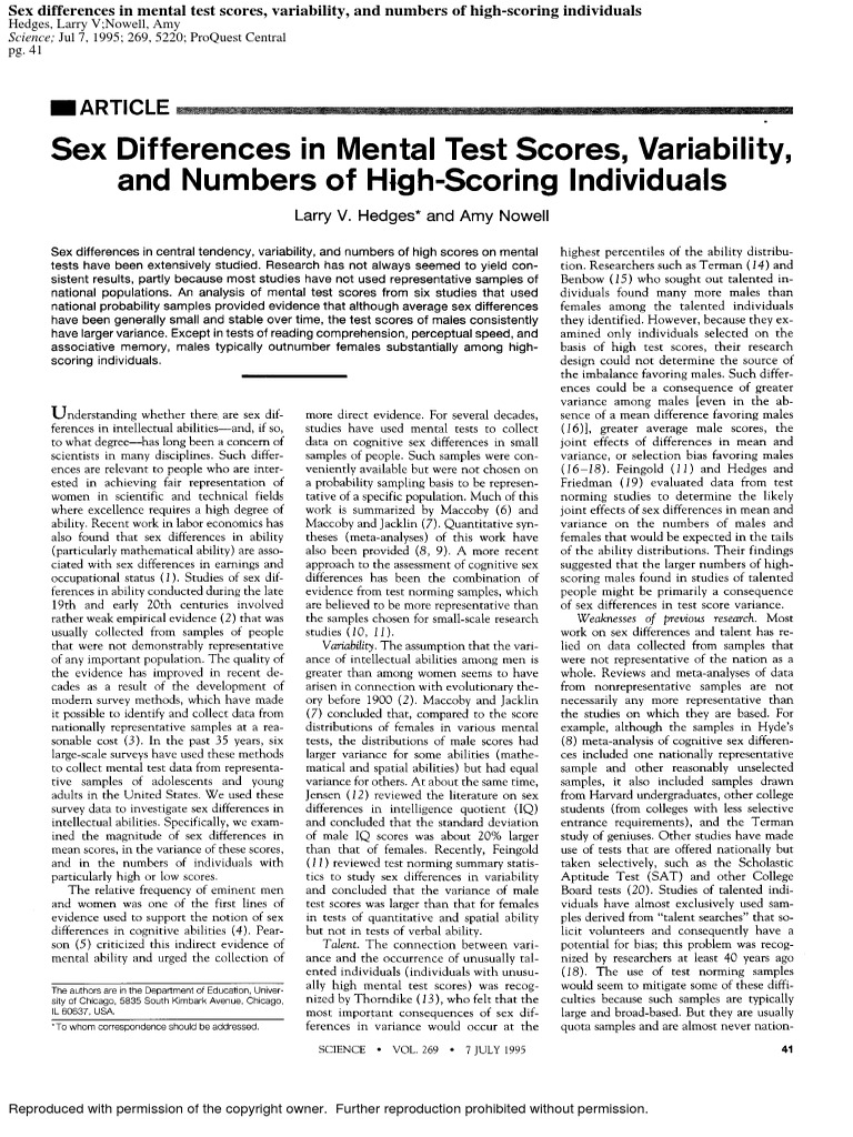 Sex Differences In Mental Test Scores Variability And Numbers Of High