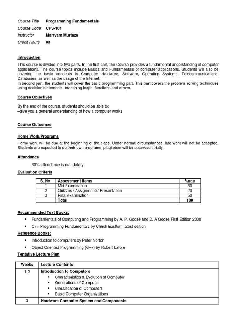 Course Outline of Programming Fundamental | PDF | C++ | Computer Program