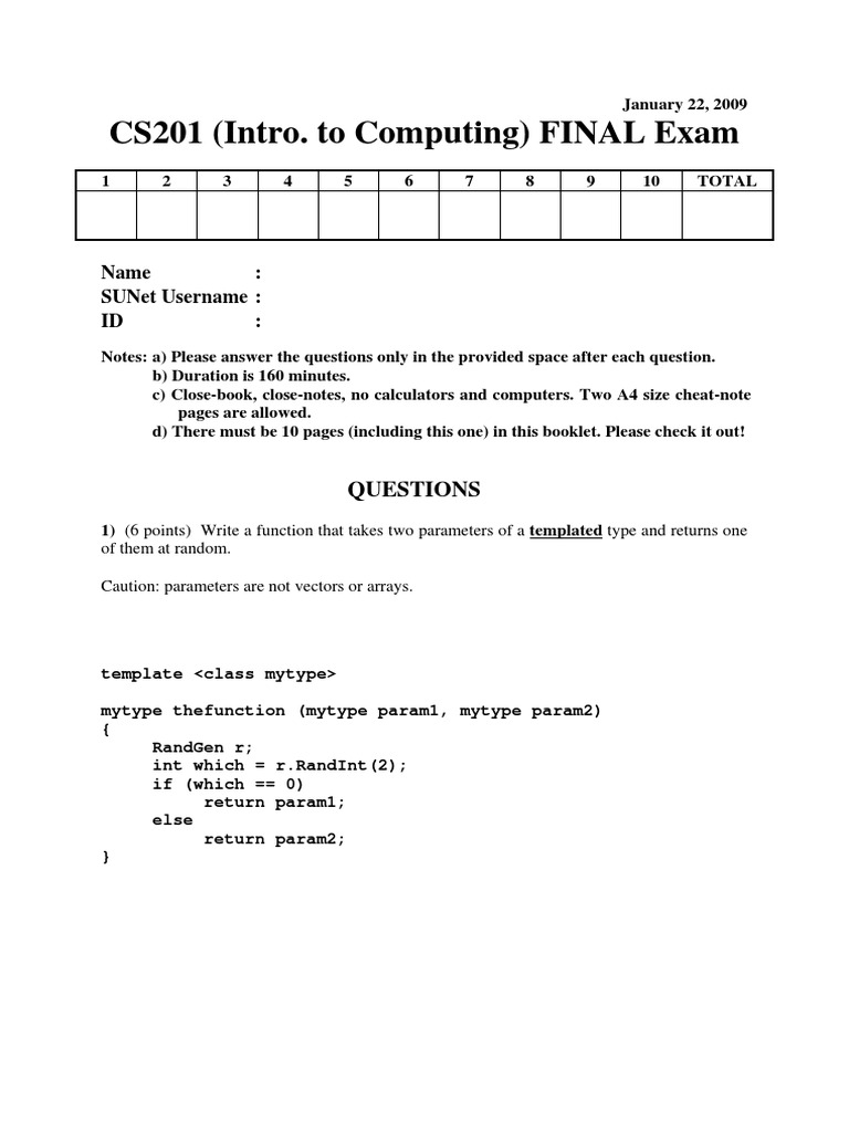 Cs201 (Intro. To Computing) Final Exam: Name: Sunet Username: Id | PDF | Array Data Structure ...