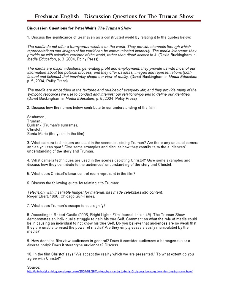 Discussion Questions for The Truman Show | PDF | Truth | Semiotics