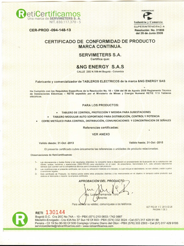 Certificado RETIE | PDF