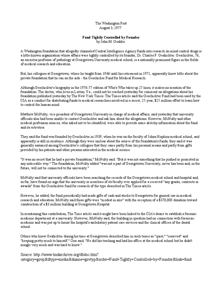 Washington Post Article On Geschickter Fund CIA Mind Control 1977 PDF