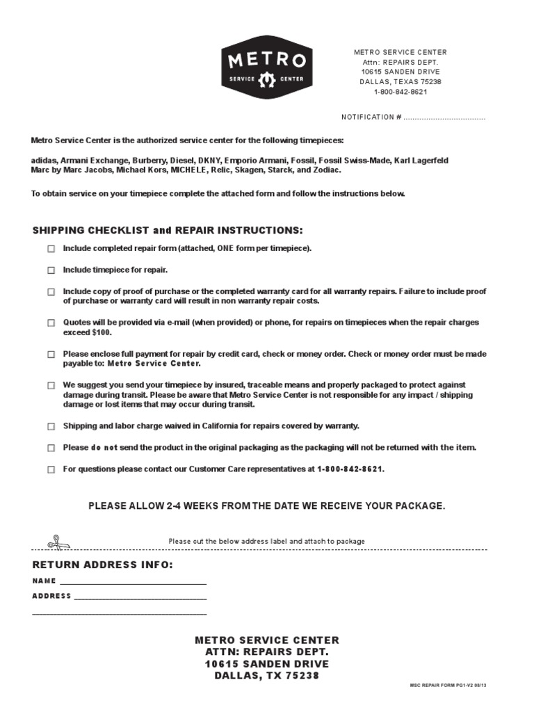 Shipping Checklist and Repair Instructions:: NOTIFICATION