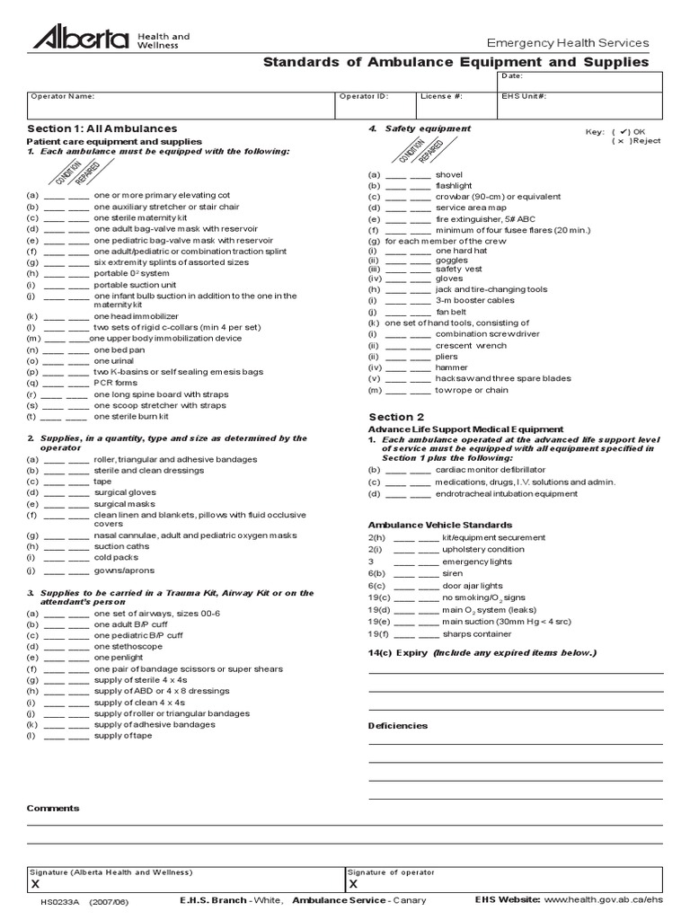 Standards of Ambulance Equipment and Supplies: Section 1: All ...