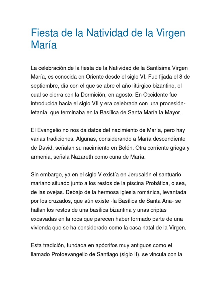 Fiesta de La Natividad de La Virgen María | PDF | Religión y espiritualidad