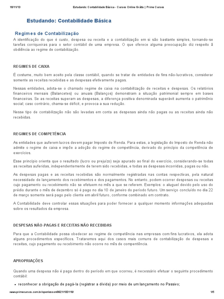 Contabilidade Básica - 13º Regimes de Contabilização | PDF | Balancete ...