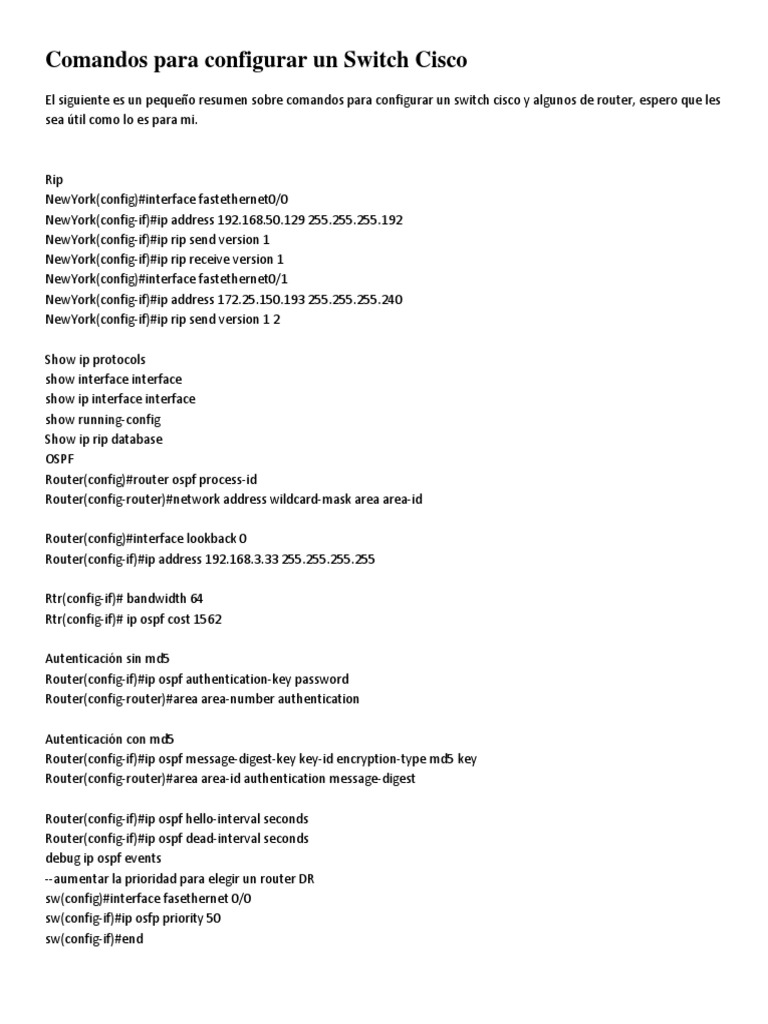 Comandos para Configurar Un Switch y Router Cisco | PDF | Protocolos de comunicaciones ...