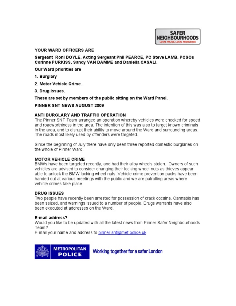 Pinner Ward Crime Update: August 2009 | PDF