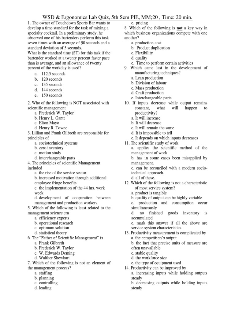 Quiz On Work System Design | PDF | Business | Production And Manufacturing