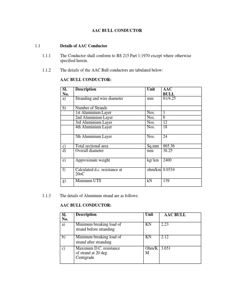 AAC Bull Conductor Specifications | PDF | Electrical Conductor | Wire
