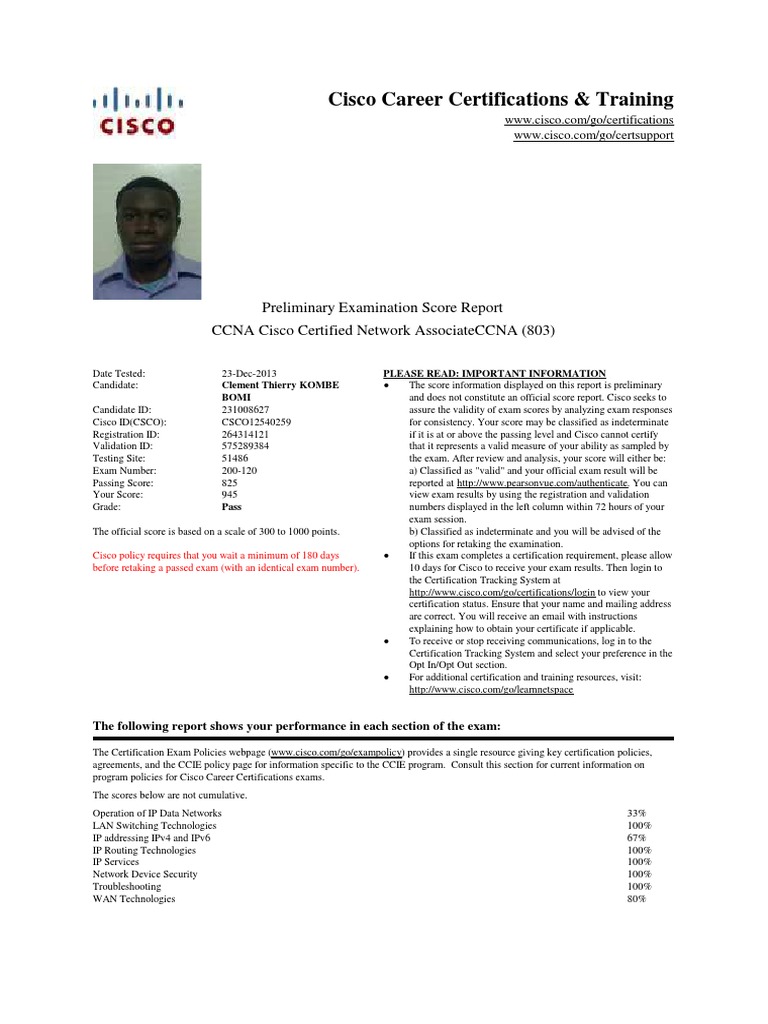 CCNA Exam Score Report for Clément Thierry | PDF | Cisco Certifications ...