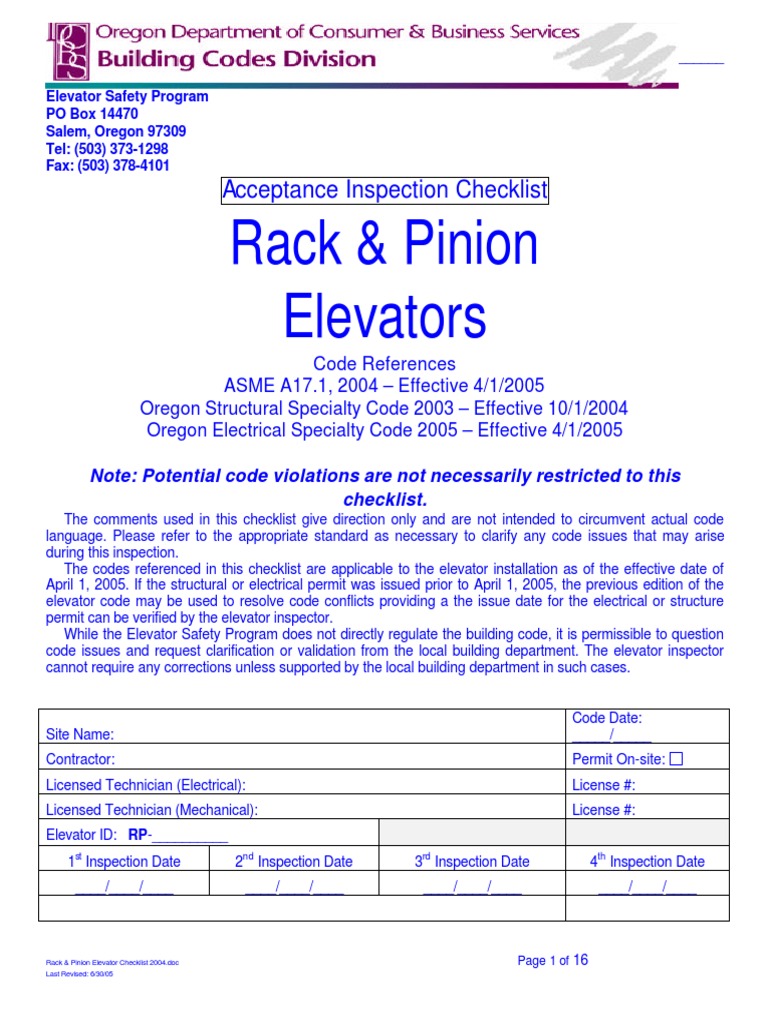 Rack & Pinion Elevator Inspection Checklist | PDF | Elevator | Building ...
