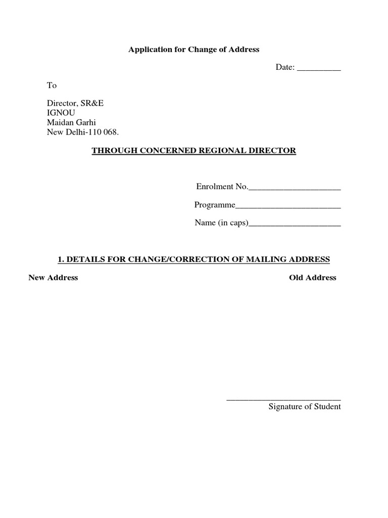 Change of Address Form - IGNOU | PDF