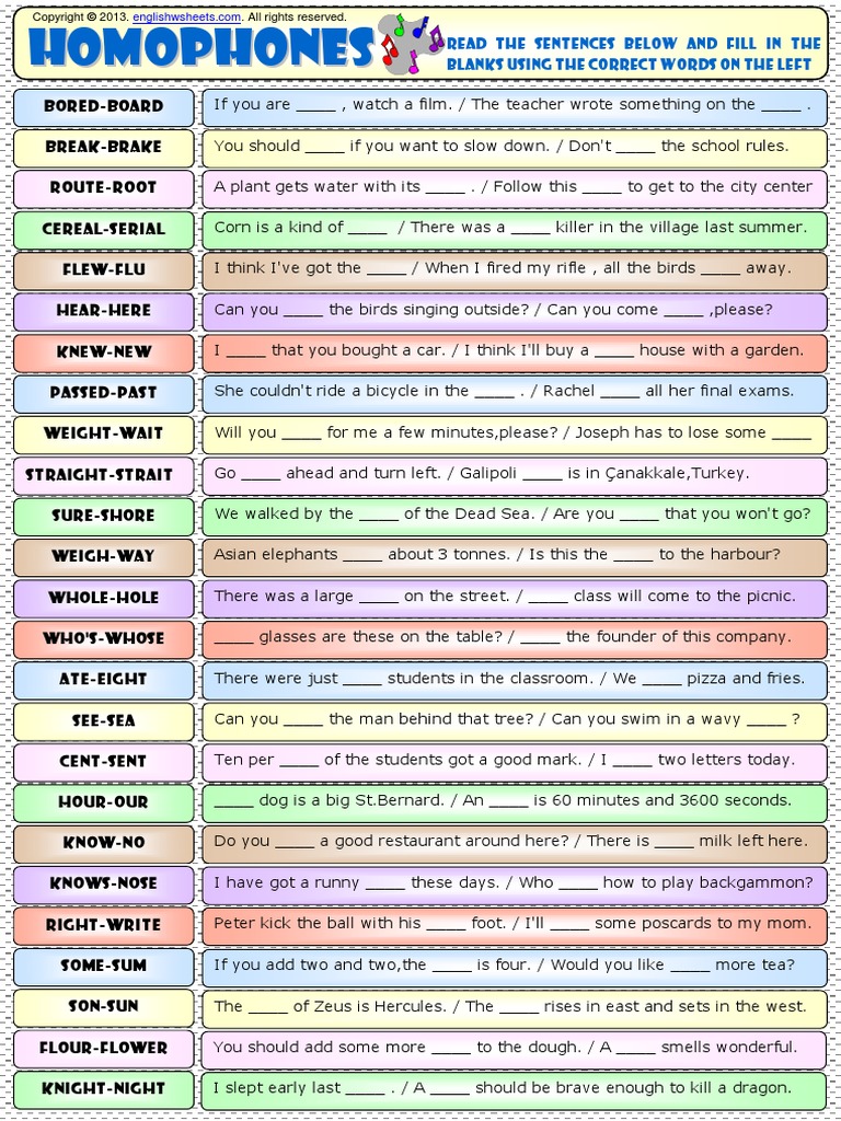 Phonetics Homophones Exercises Worksheet | PDF