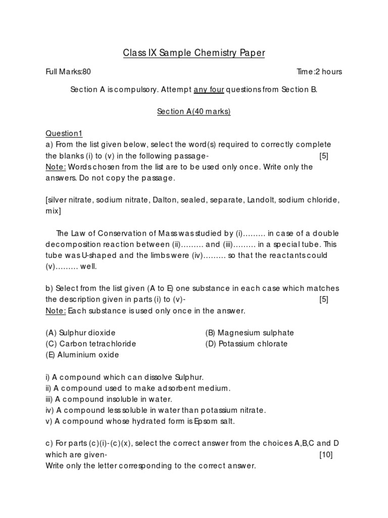 Class IX Sample Chemistry Paper | PDF | Chlorine | Potassium