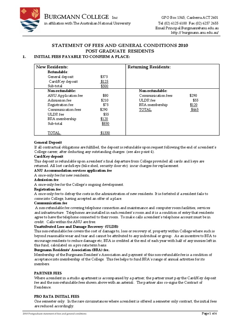 2010 Postgraduate Statement of Fees and General Conditions | PDF | Fee ...