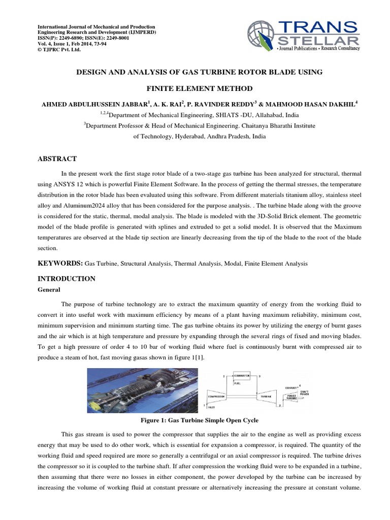 Design And Analysis Of Gas Turbine Rotor Blade Using Finite Element Method Pdf Turbine Gas