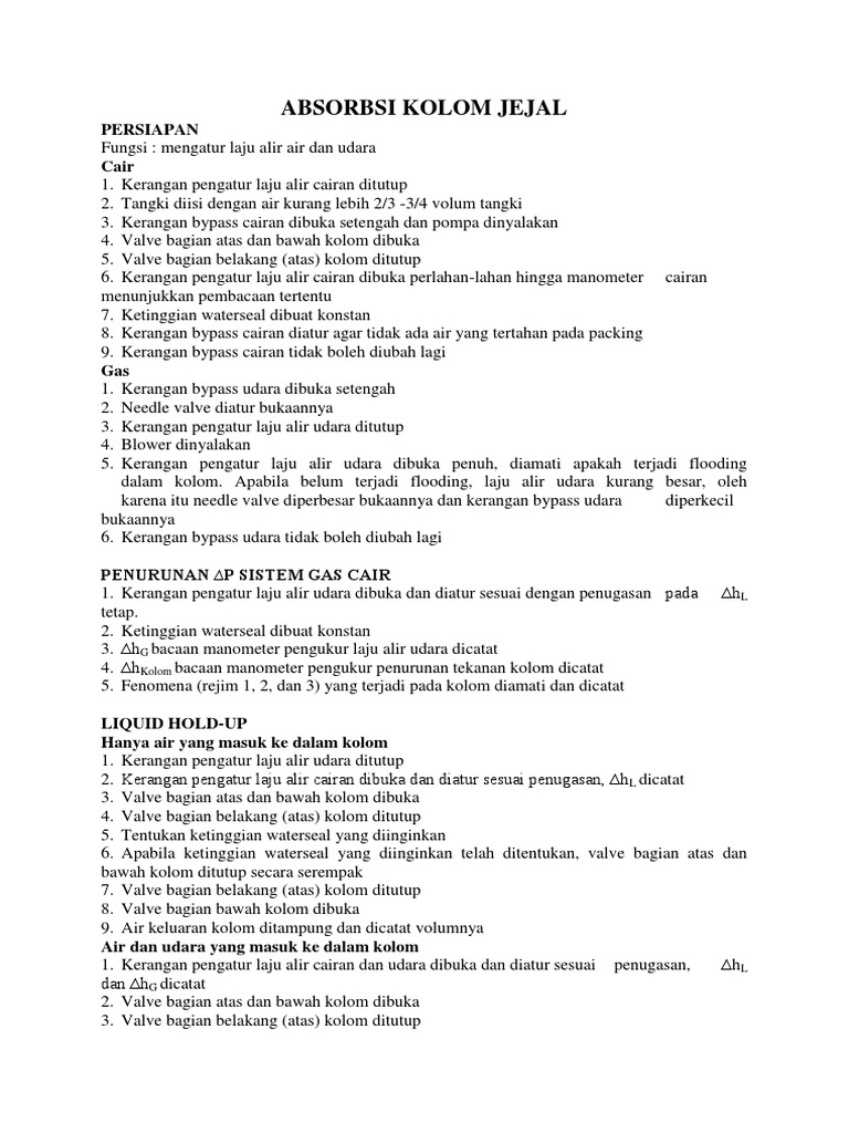 Prosedur Kerja Absorbsi Kolom Jejal (Revisi) | PDF | Teknologi & Rekayasa