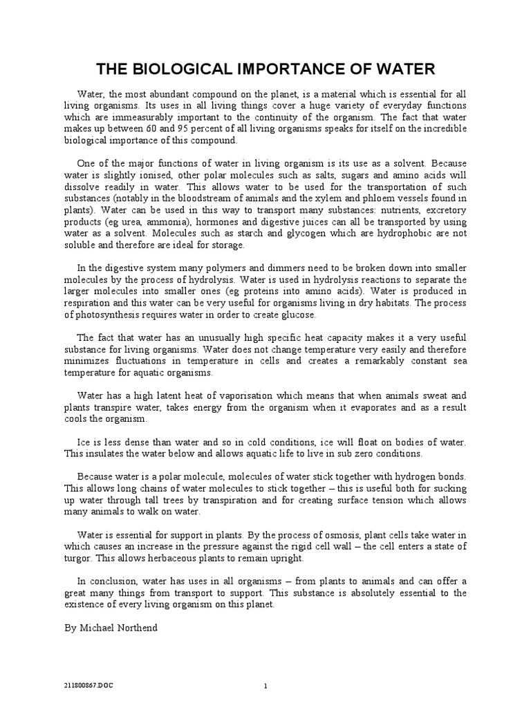 The Many Vital Roles of Water in Living Organisms | PDF | Properties Of ...