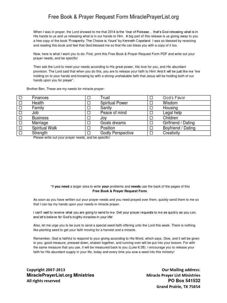 Free Book & Prayer Request Form | PDF | Miracle | Prayer