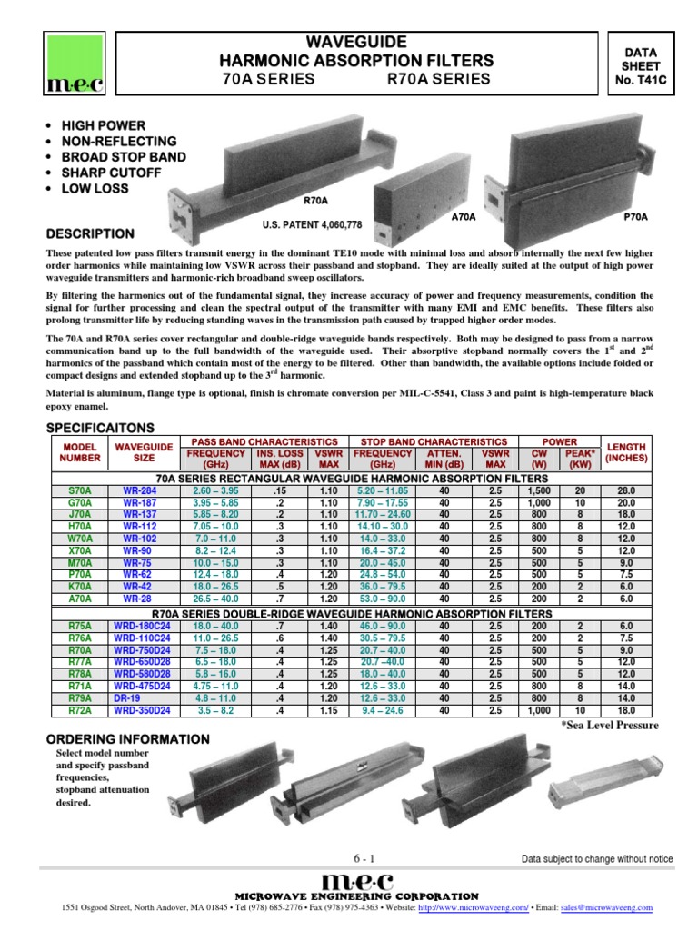 Specification Sheet for 70A and R70A Series Waveguide Harmonic Absorption Filters Covering ...