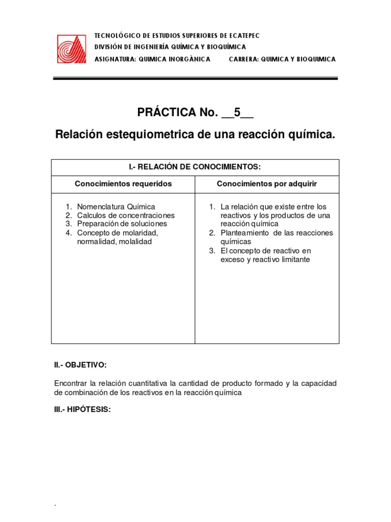 Practica 5 - Relación Estequiométrica | PDF | Mole (Unidad ...