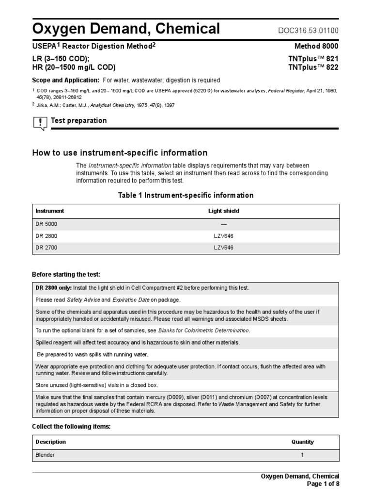 Cod procedure for HACH DR 2800 | Sustancias químicas | Química