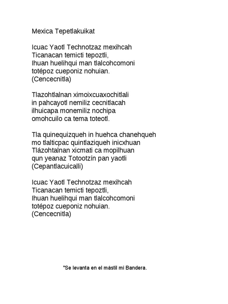 Español - Himno Nacional en Nahuatl (Letra)