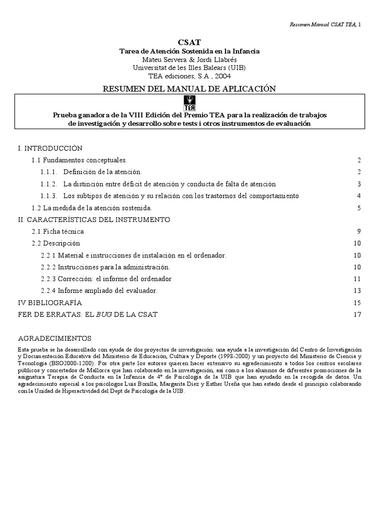 Resumen Manual Aplicación CSAT PDF | PDF | Desorden hiperactivo y deficit de atencion | Atención