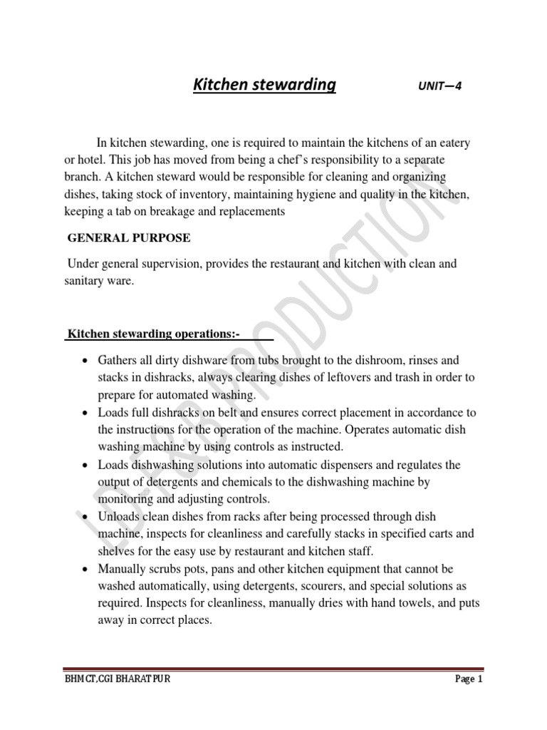 UNIT-4 Kitchen Steward | PDF | Tableware | Kitchen